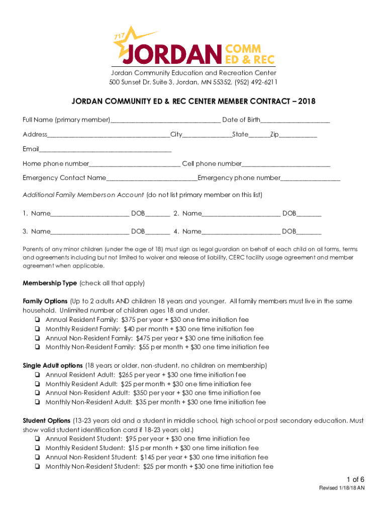 Fillable Online JORDAN COMMUNITY ED & REC CENTER MEMBER ... Fax Email ...