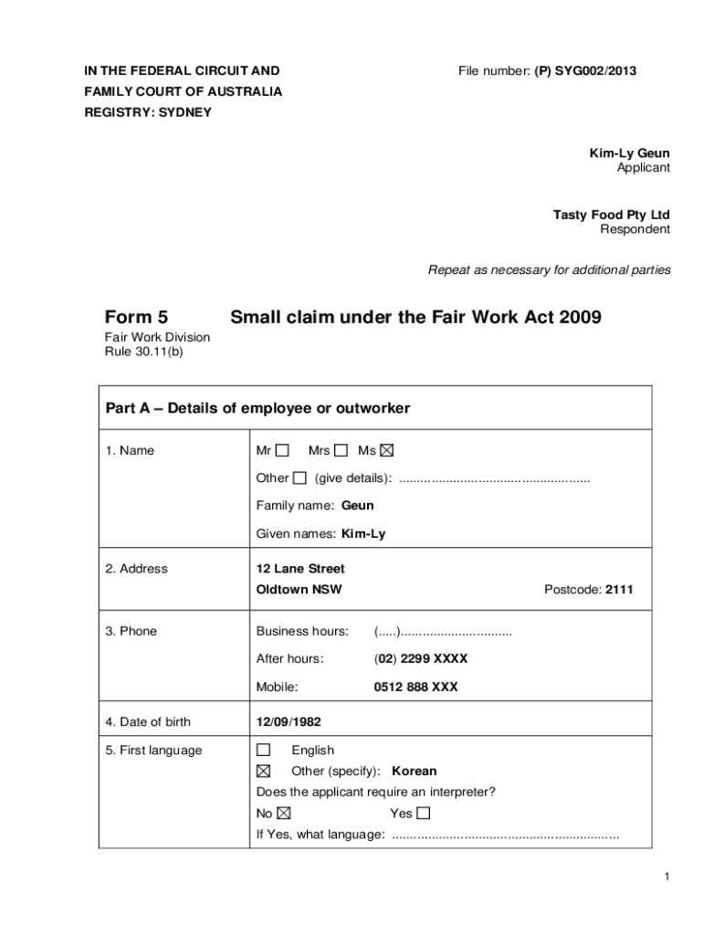 Fillable Online Form 5 - Small claim under the Fair Work Act 2009 Fax Email Print - pdfFiller