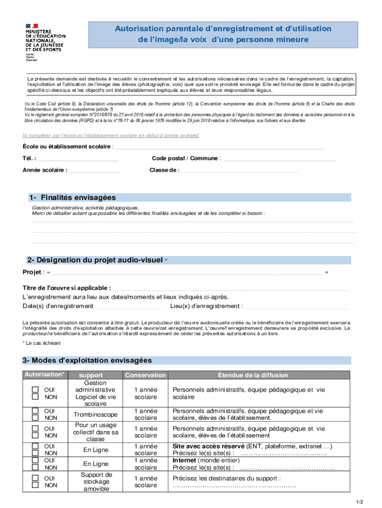 Remplissable En Ligne AUTORISATION PARENTALE d'enregistrement ET ... Fax Email Imprimer - pdfFiller