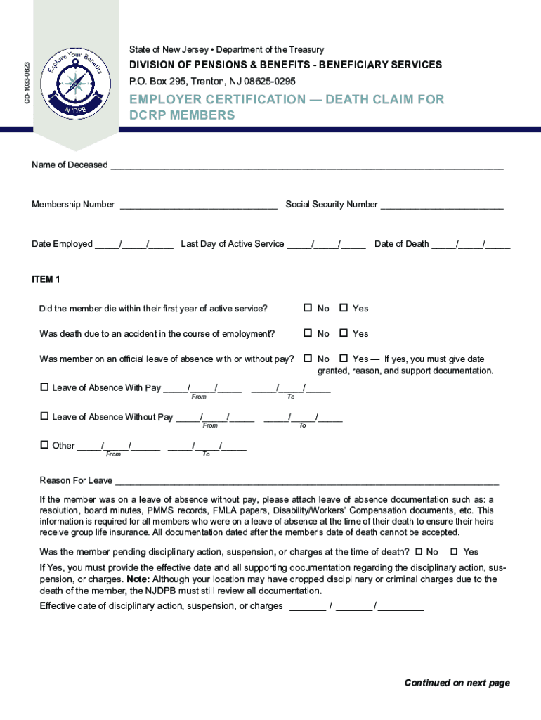 Fillable Online state nj cd1033. Employer CertificationDeath Claims for ...