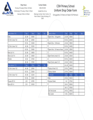 Fillable Online CEW Primary School Uniform Shop Order Form Fax Email ...