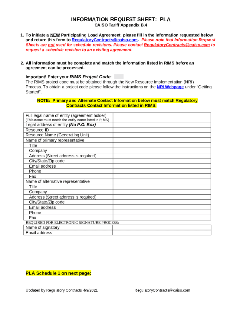 Participating Load Agreement Ination Request Sheet Doc Template | pdfFiller