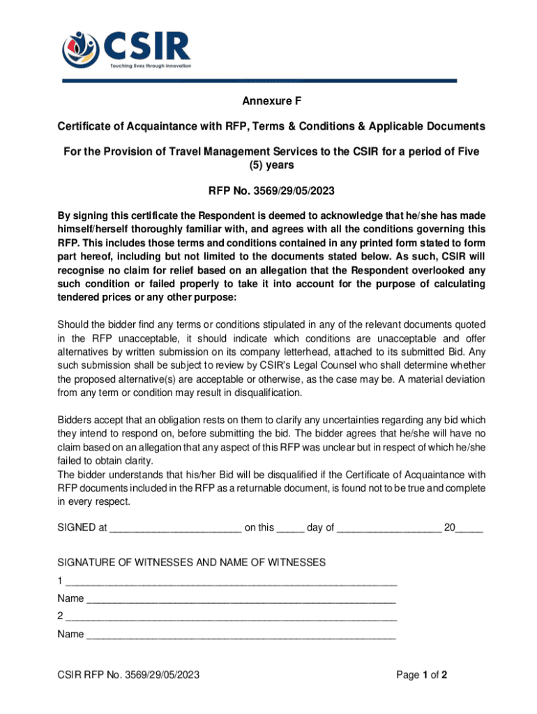 Fillable Online Annexure F - Certificate of Acquaintance with RFP ...