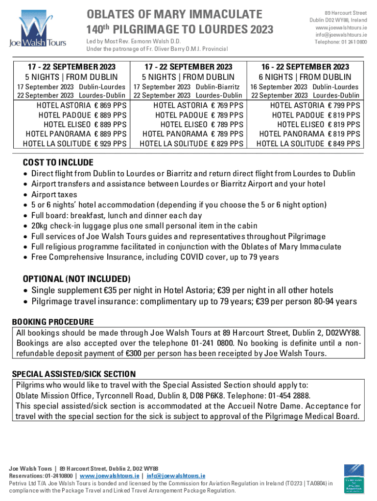 Fillable Online OBLATES OF MARY IMMACULATE 140th PILGRIMAGE ... Fax ...