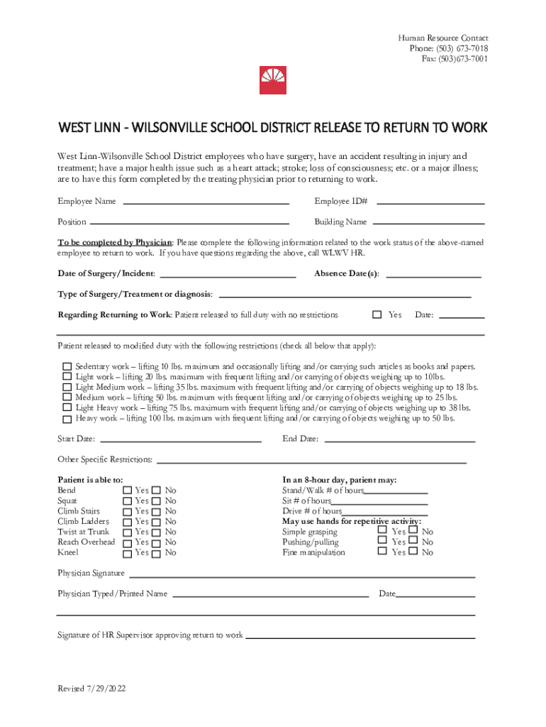 Fillable Online Return to Work form revised 2022. ... Fax Email Print ...