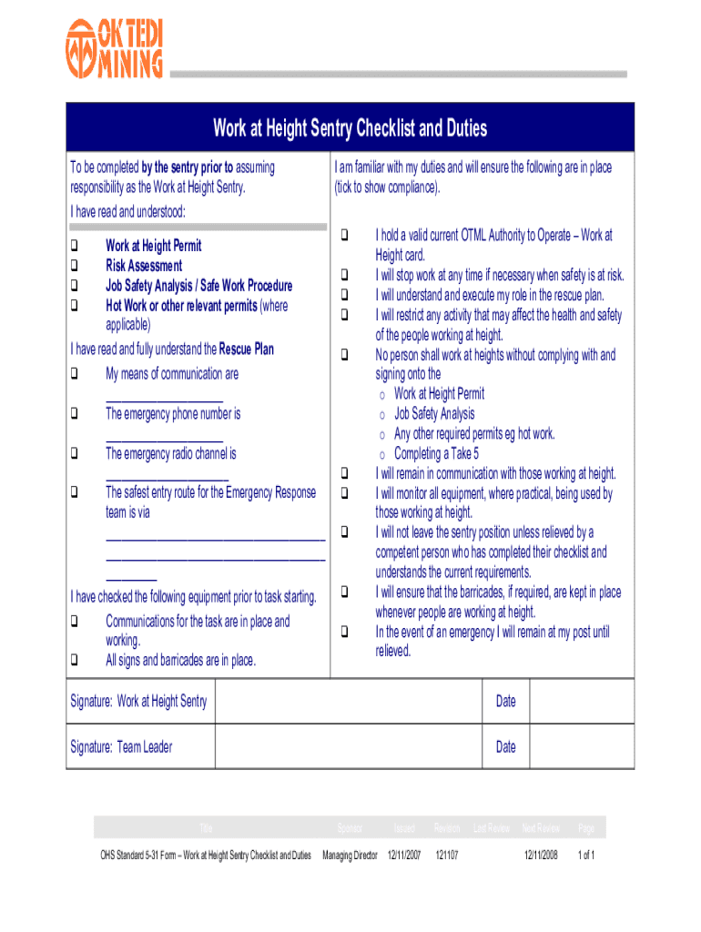 Fillable Online Work at height sentry checklist and duties 121107.doc ...