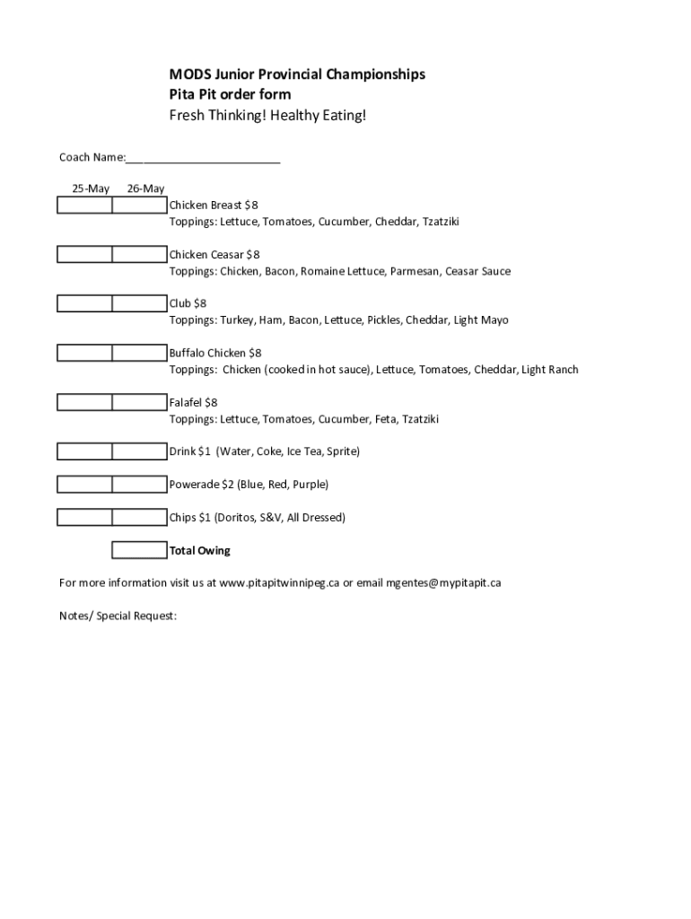 Fillable Online MODS Junior Provincial Championships Pita Pit order ...