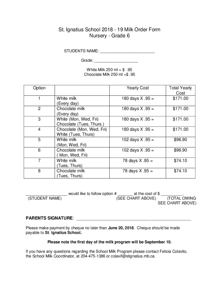 Fillable Online stignatius mb 19 Milk Order Form Nursery - Grade 6 - St ...
