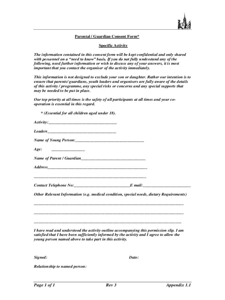 Fillable Online Parental / Guardian Consent Form* Specific Activity Fax ...