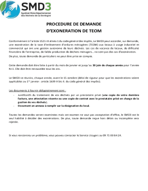 Remplissable En Ligne PROCEDURE DE DEMANDE D'EXONERATION DE TEOM Faxer Email Imprimer - pdfFiller