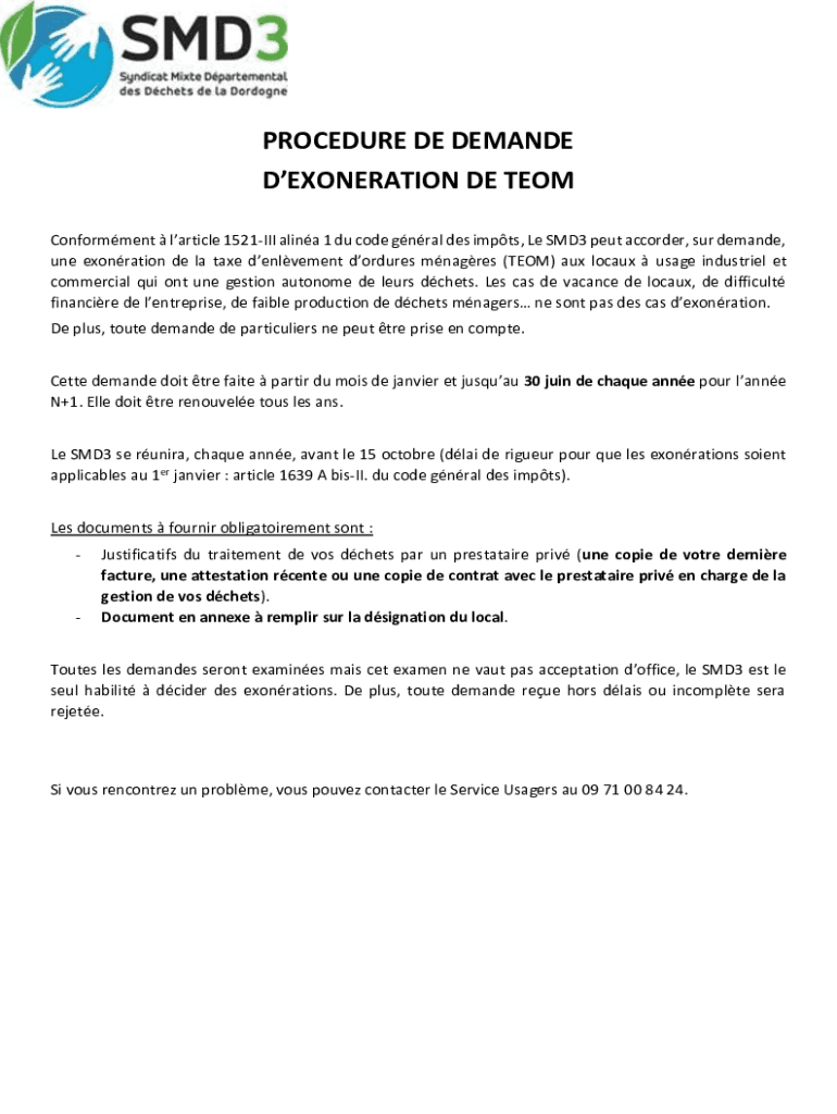 Remplissable En Ligne PROCEDURE DE DEMANDE D'EXONERATION DE TEOM Fax Email Imprimer - pdfFiller