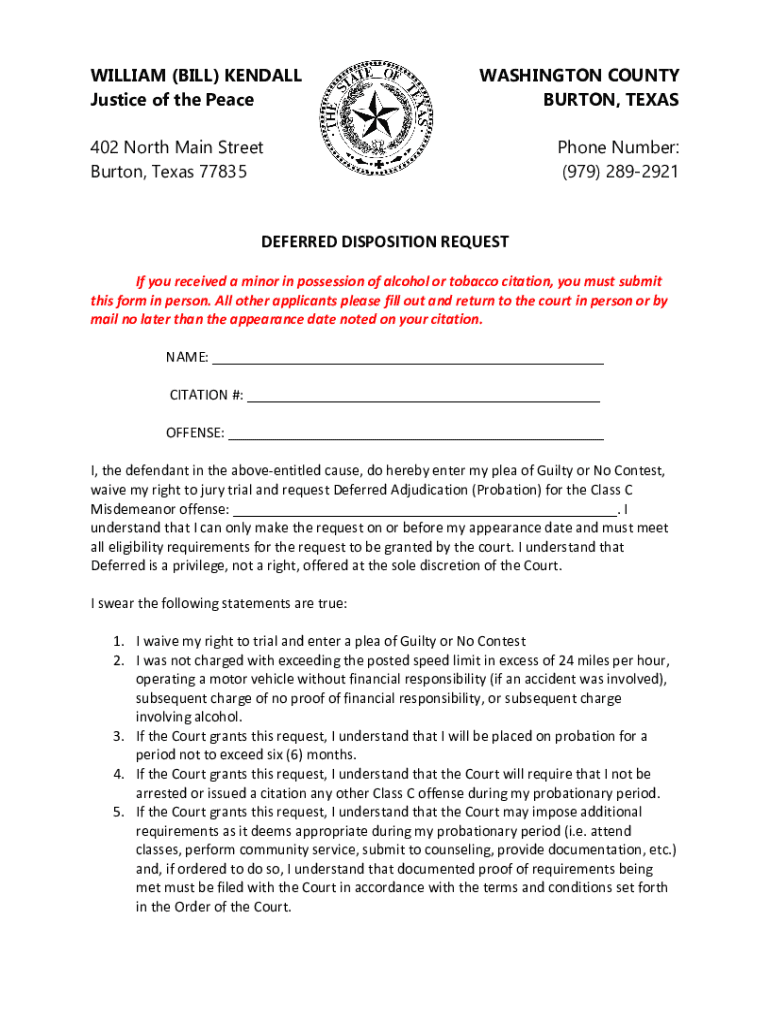 Fillable Online deferred disposition request - Washington County, Texas ...