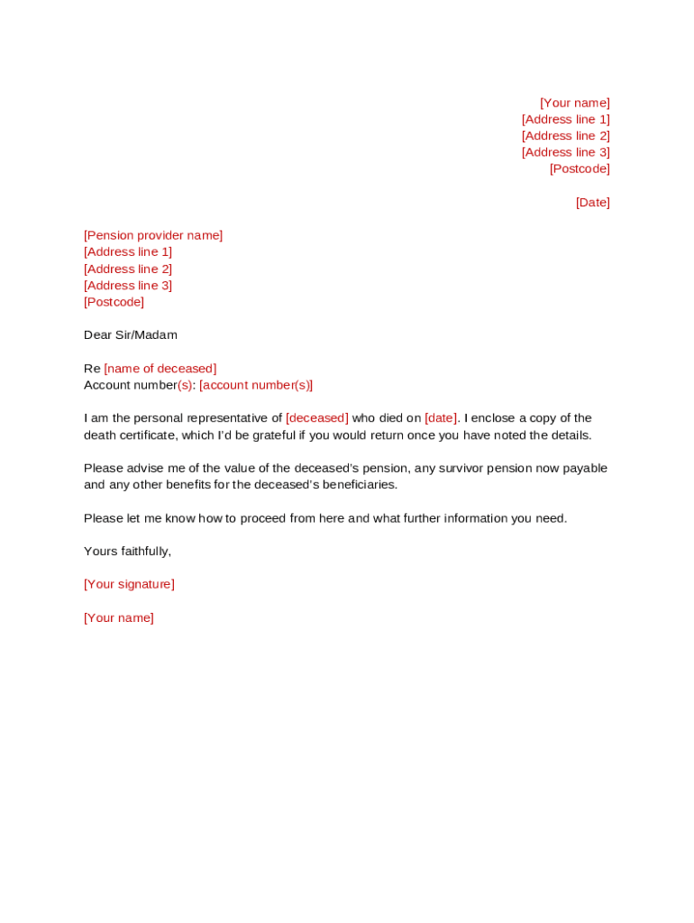 Death notification letter to pension provider Doc Template | pdfFiller