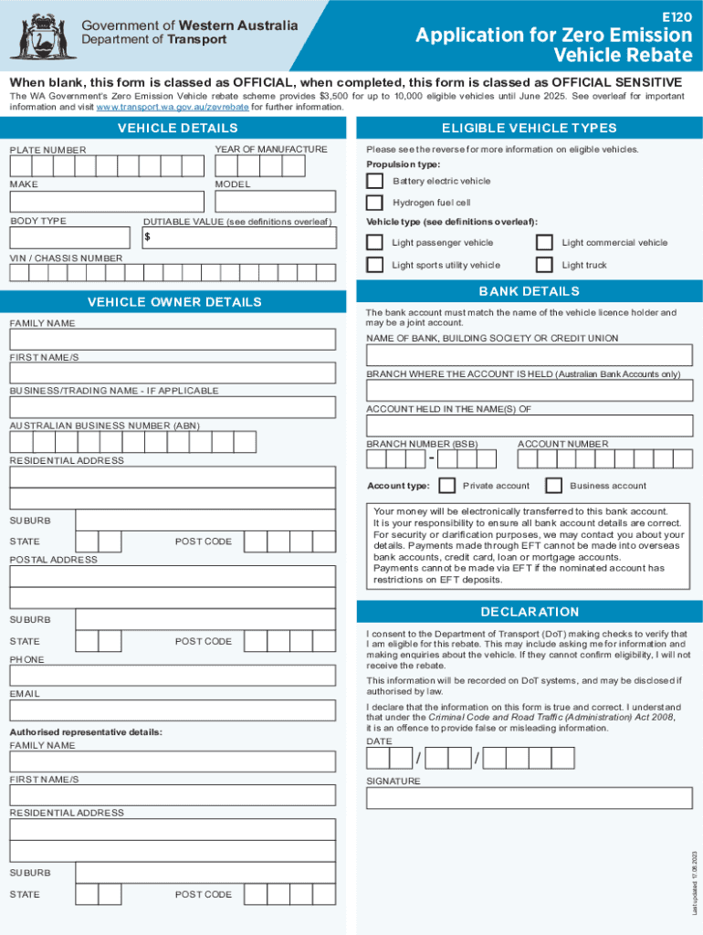 Fillable Online Application for Zero Emission Vehicle Rebate Form E120 ...