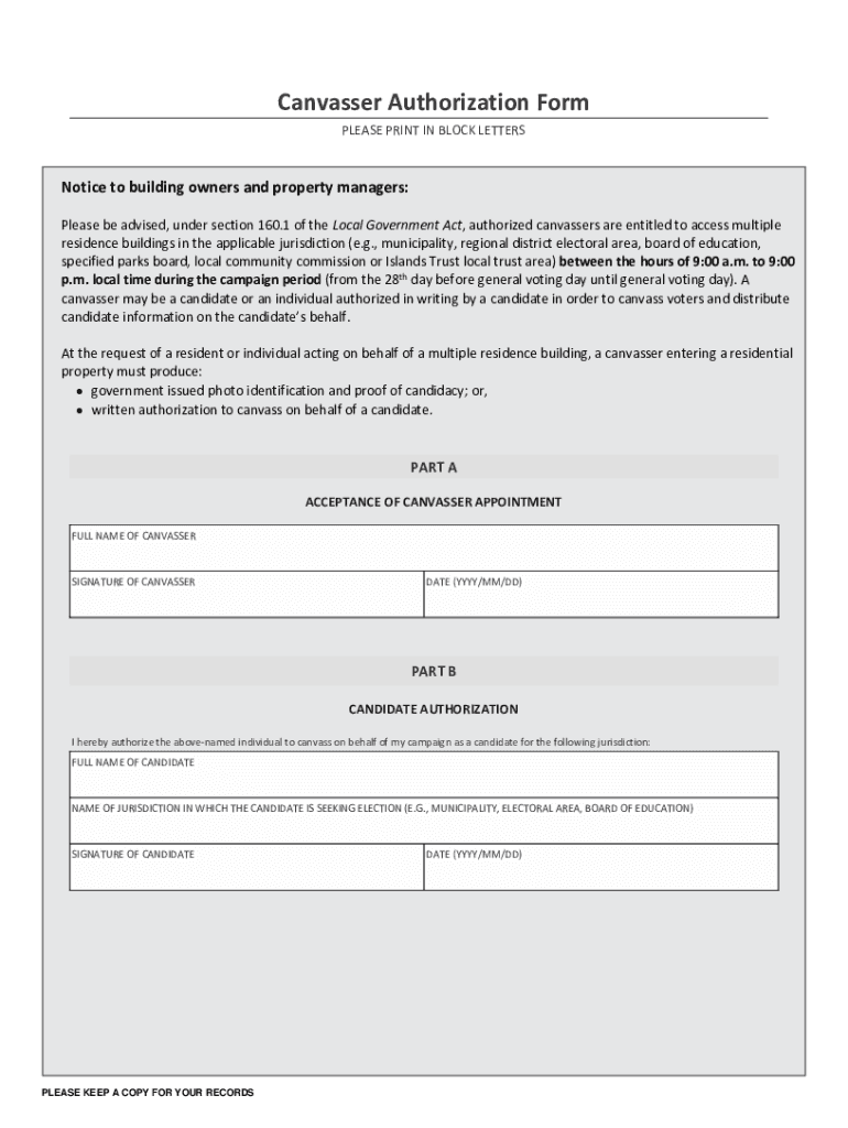 Fillable Online Canvasser Authorization Form Fax Email Print - pdfFiller