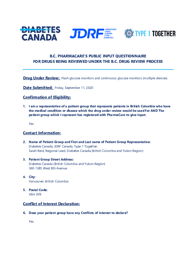 Fillable Online B.C. PharmaCare's Public Input Questionnaire for drugs ...