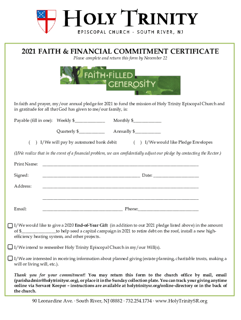 Fillable Online 2021 FAITH & FINANCIAL COMMITMENT CERTIFICATE Fax Email ...
