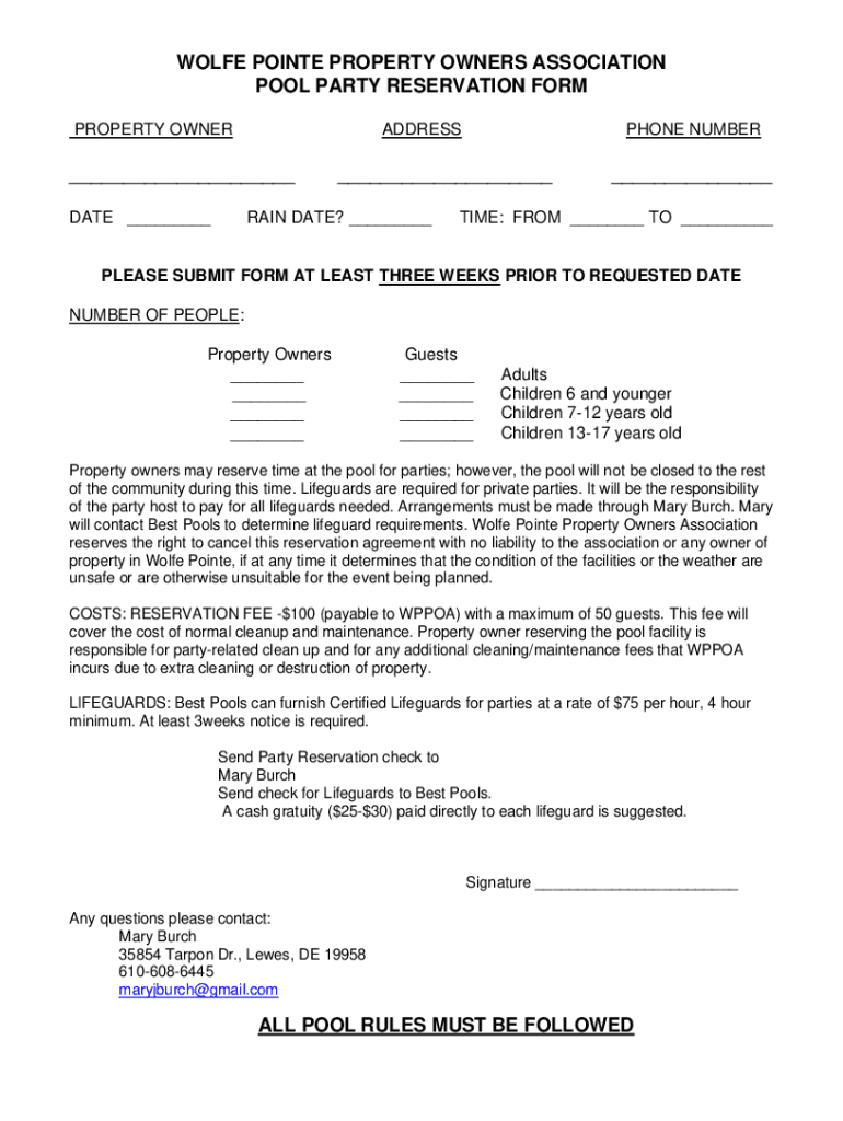 Fillable Online Instructions for completing the Pool Party Request Form ...