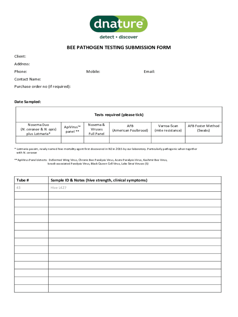 Fillable Online BEE PATHOGEN TESTING SUBMISSION FORM dnature Fax Email ...