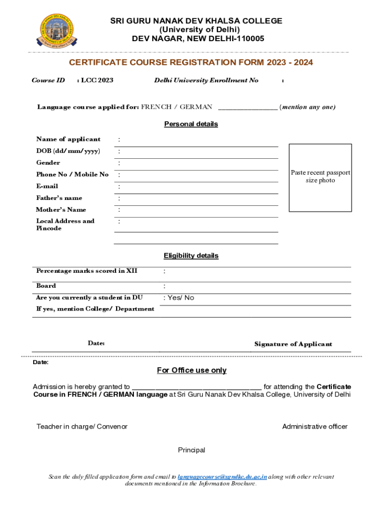 Fillable Online Language Certificate course Registration form 2023-24 ...