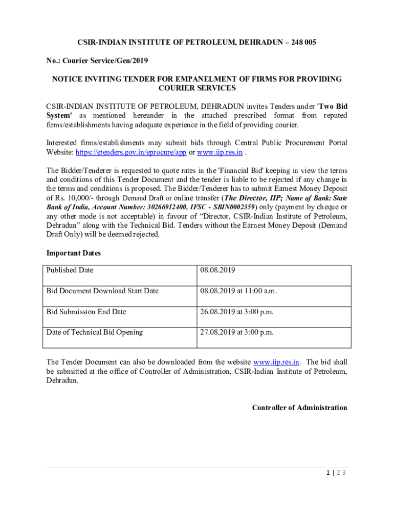 Fillable Online Retender courier service tender IIP Fax Email Print ...