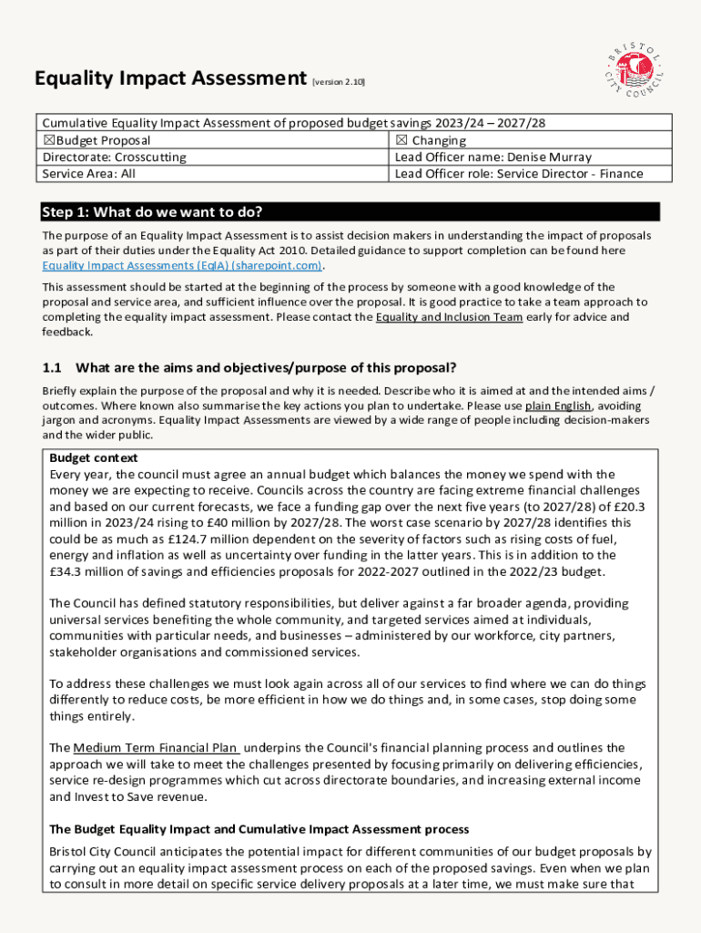 Fillable Online democracy bristol gov Equality Impact Assessment ...
