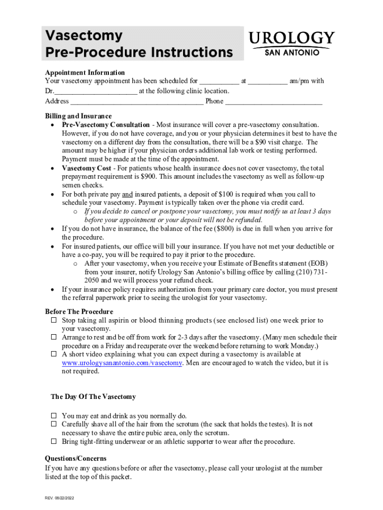 Fillable Online Vasectomy Pre-Procedure Instructions Fax Email Print ...