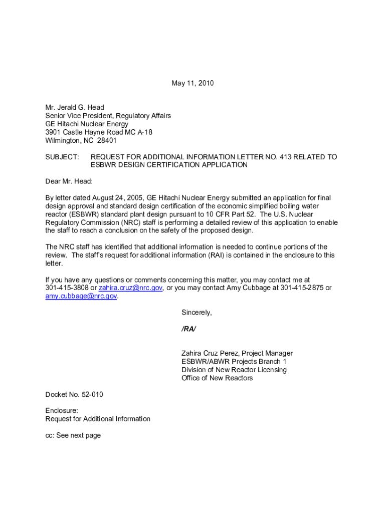 Fillable Online Request For Additional Information Letter No. 413 Related To ESBWR Design ...