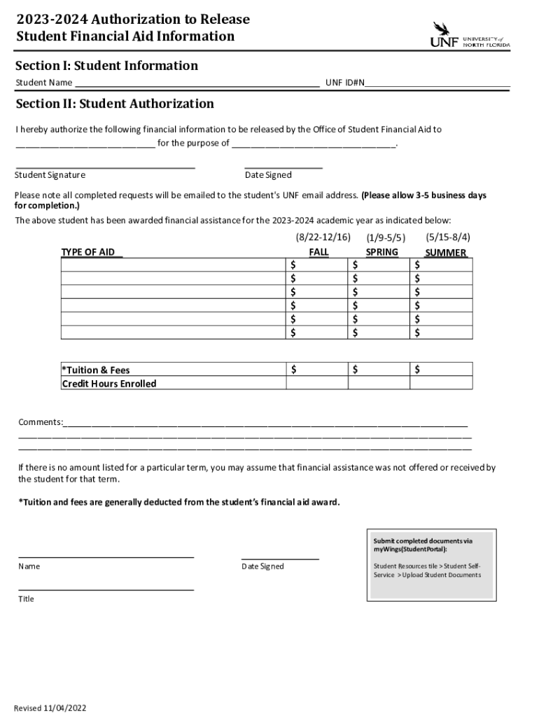 Fillable Online 2022-2023 Authorization to Release Student Financial Aid Information Fax Email ...