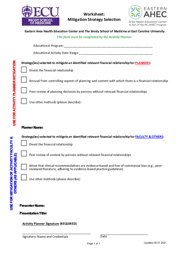 Fillable Online eahec ecu Worksheet: Mitigation Strategy Selection ...