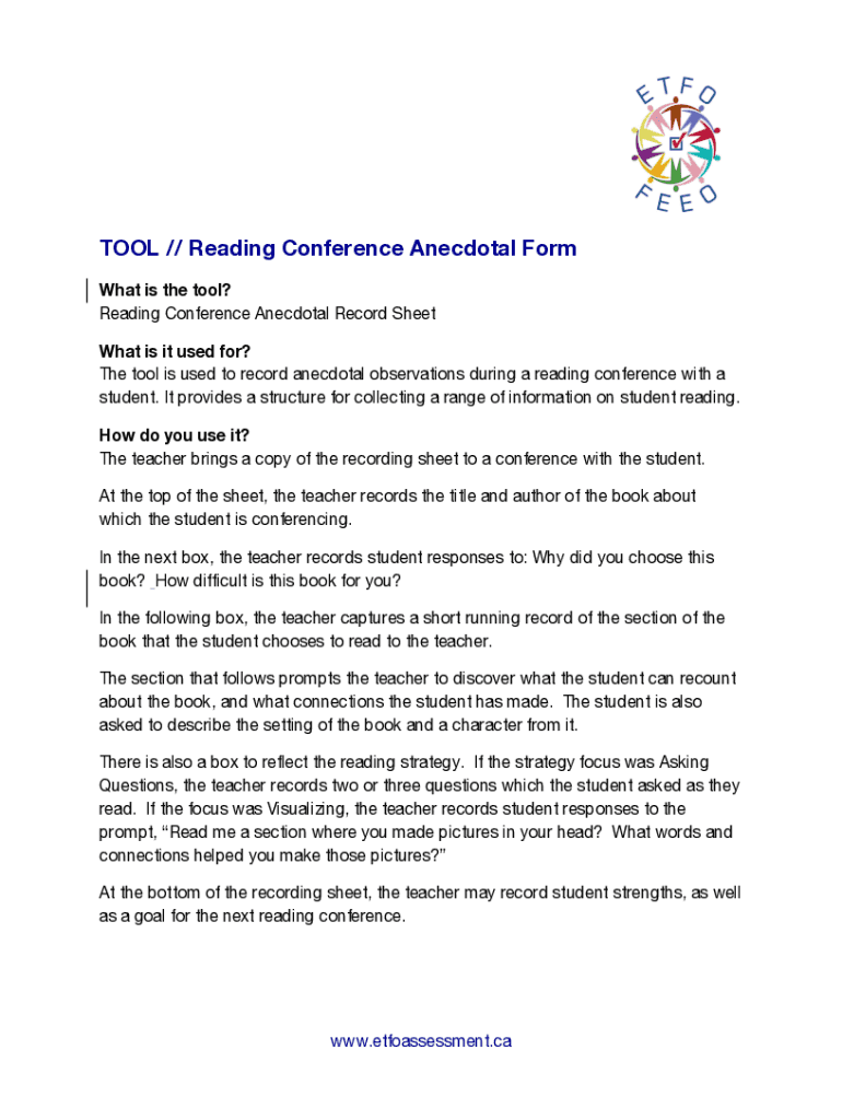 Fillable Online Guided Reading Anecdotal Records or Conference Sheets ...