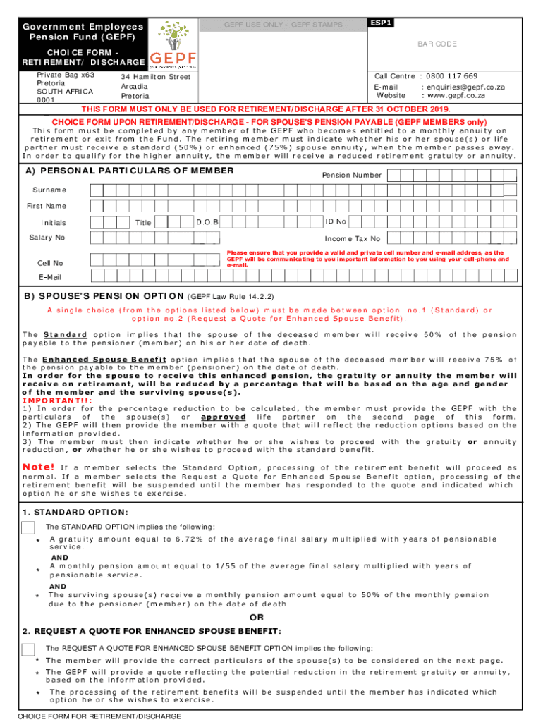 Fillable Online ESP1-spouse-choice-form-for-retirements-and-discharges ...