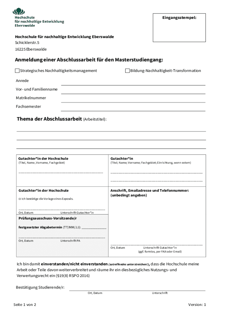 Ausfüllbar Online Anmeldung einer Abschlussarbeit fr den Masterstudiengang Fax Email Drucken ...