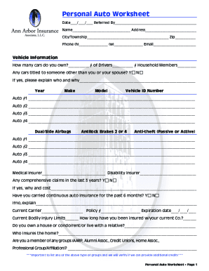 Fillable Online Personal Auto Worksheet - FMG Video Live Fax Email ...