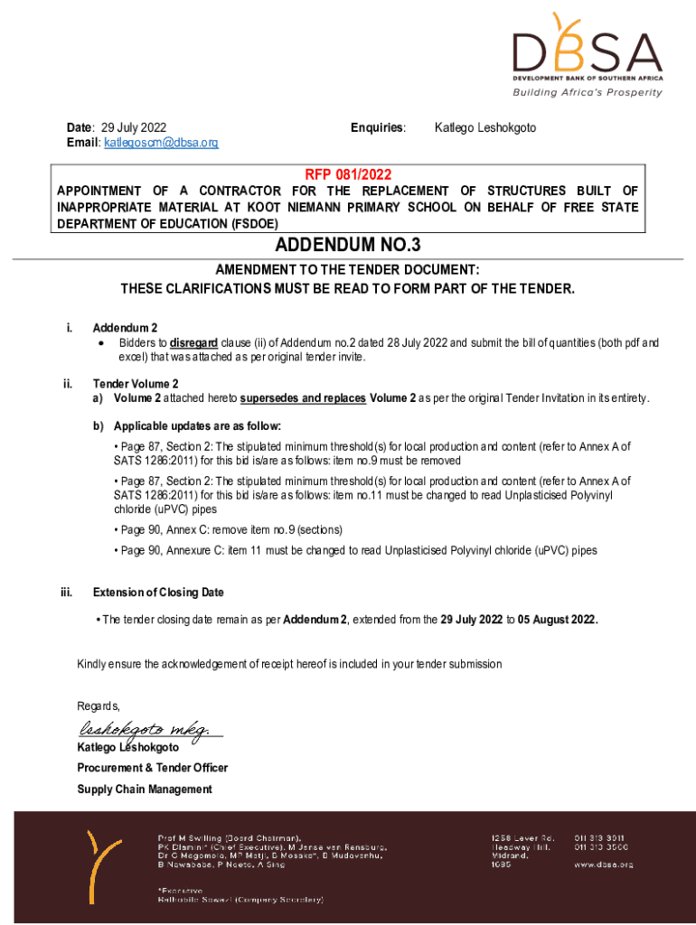 Fillable Online RFP 081 Koot Niemann Tender Addendum no 2.pdf Fax Email ...