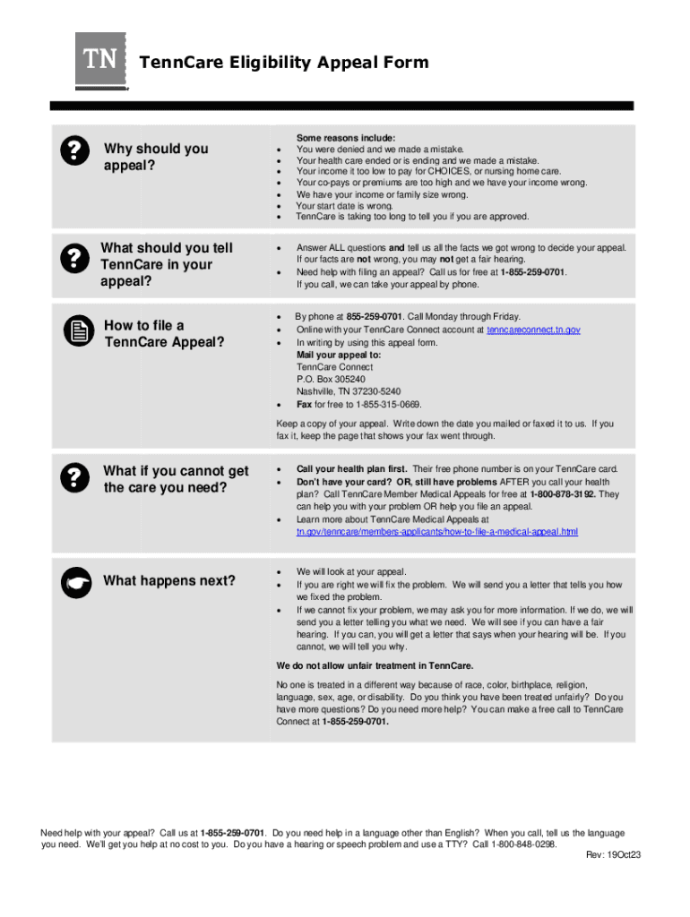 Fillable Online TennCare Eligibility Appeal Form English Fax Email ...