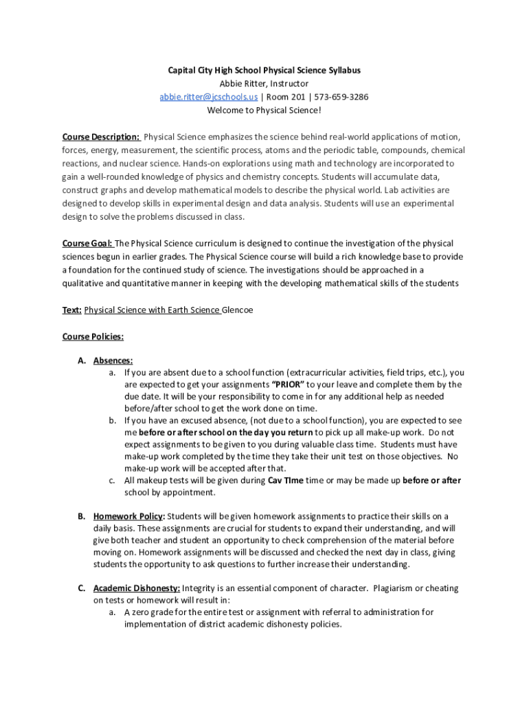 Fillable Online Capital City High School Physical Science Syllabus Abbie ... Fax Email Print ...