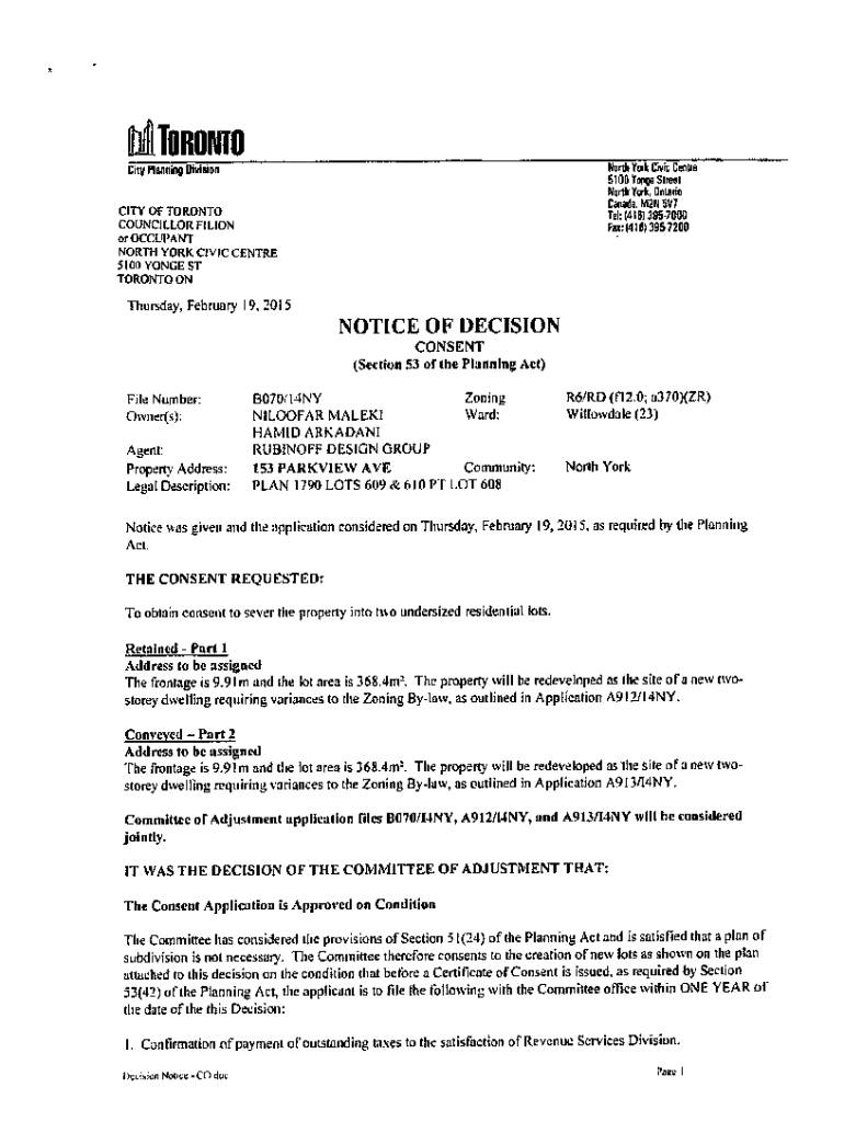 Fillable Online Notice of Decision for 153 Parkview Avenue. Notice of ...