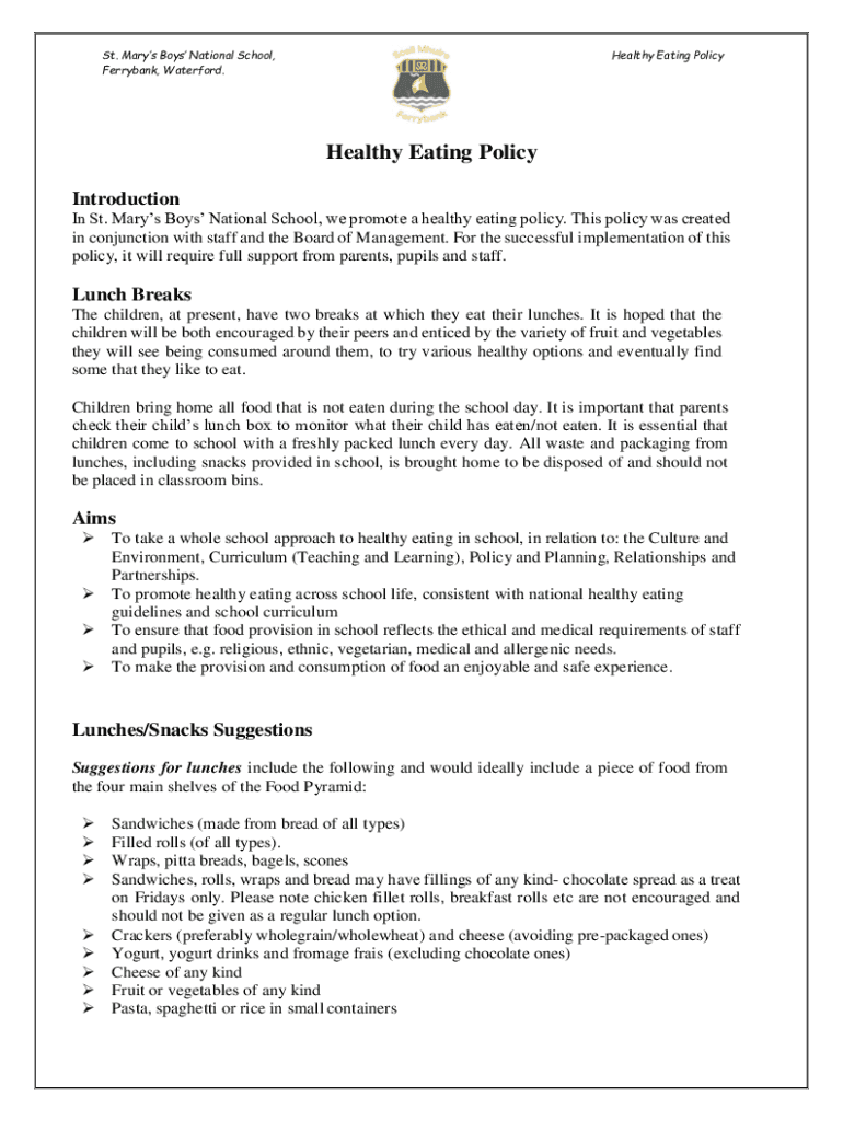 Fillable Online Healthy Eating Policy - St Mary's Boys' National School ...
