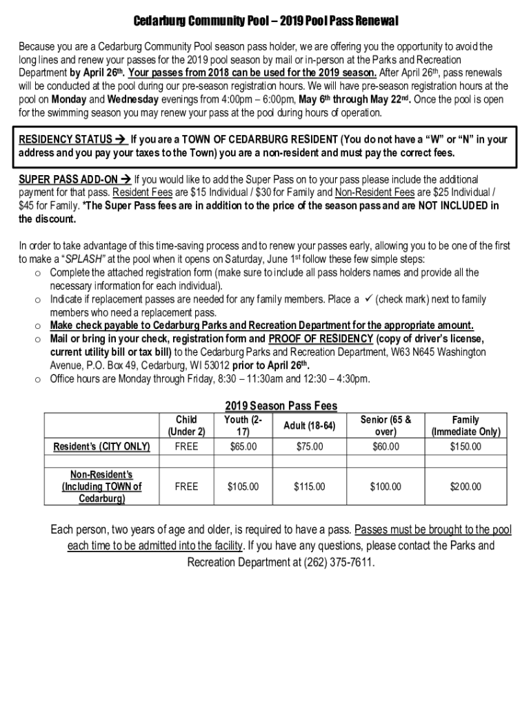 Fillable Online Because you are a Cedarburg Community Pool season pass ...