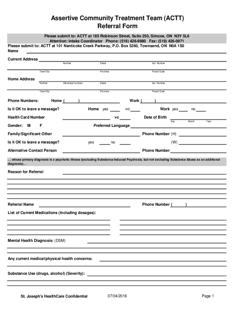 Fillable Online Assertive Community Treatment Team (ACTT) Referral Form ...
