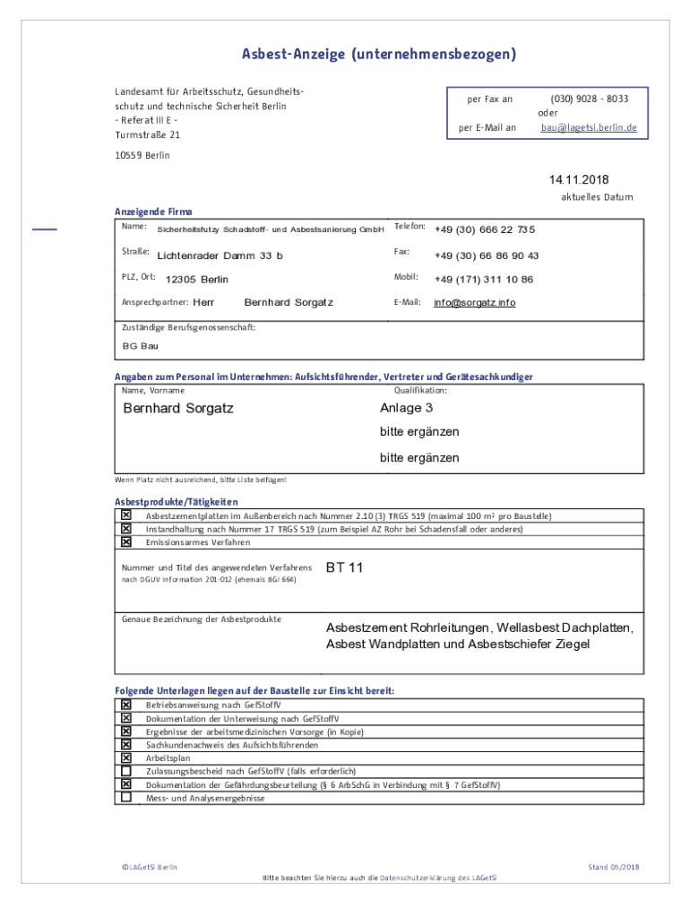 Ausfüllbar Online LAGetSi-Formular "Ergnzende Asbest-Anzeige zu Ort und ...