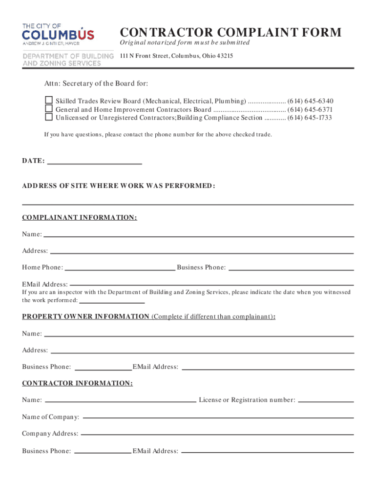 Fillable Online Contractor Complaint Form - Ohio Department of Commerce ...