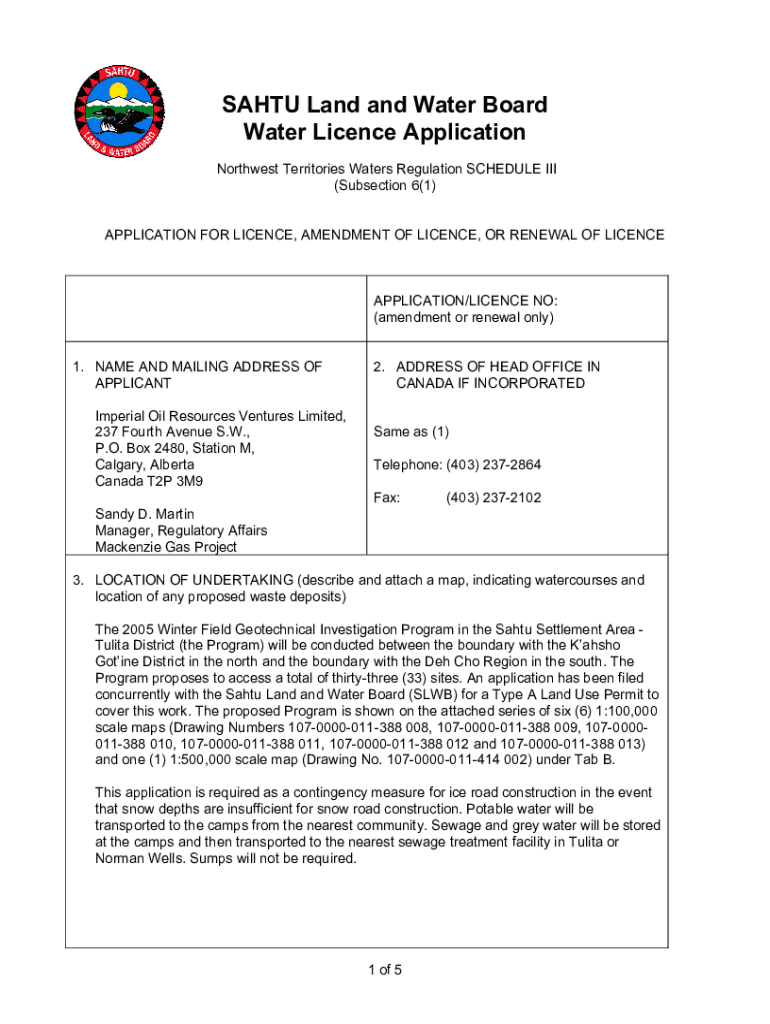 Fillable Online SAHTU Land and Water Board Water Licence Application ...