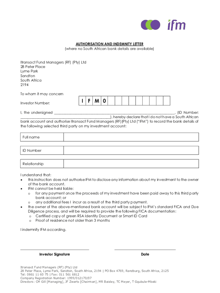 Fillable Online IFM Authorisation and Indemnity Letter v3 Fax Email ...