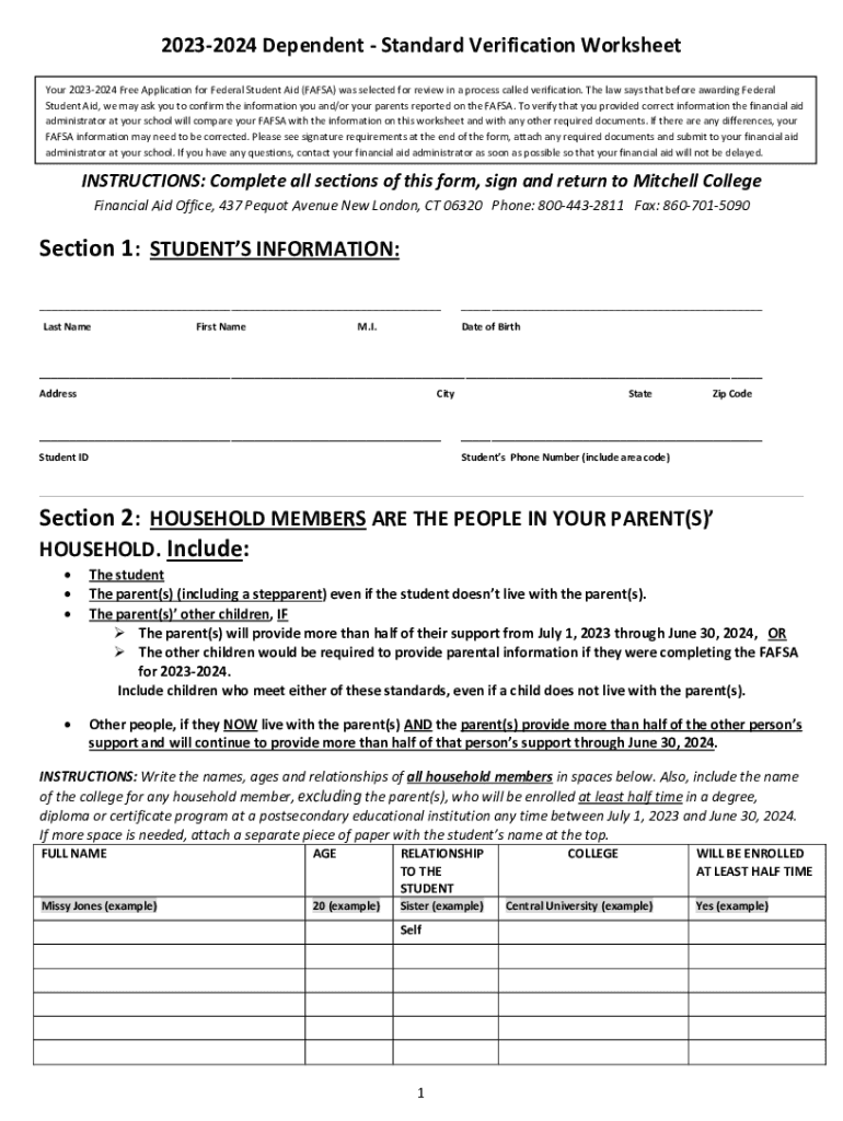 Fillable Online FORMS- 2023-2024- Dependent- Standard Verification Worksheet Form.docx Fax Email ...