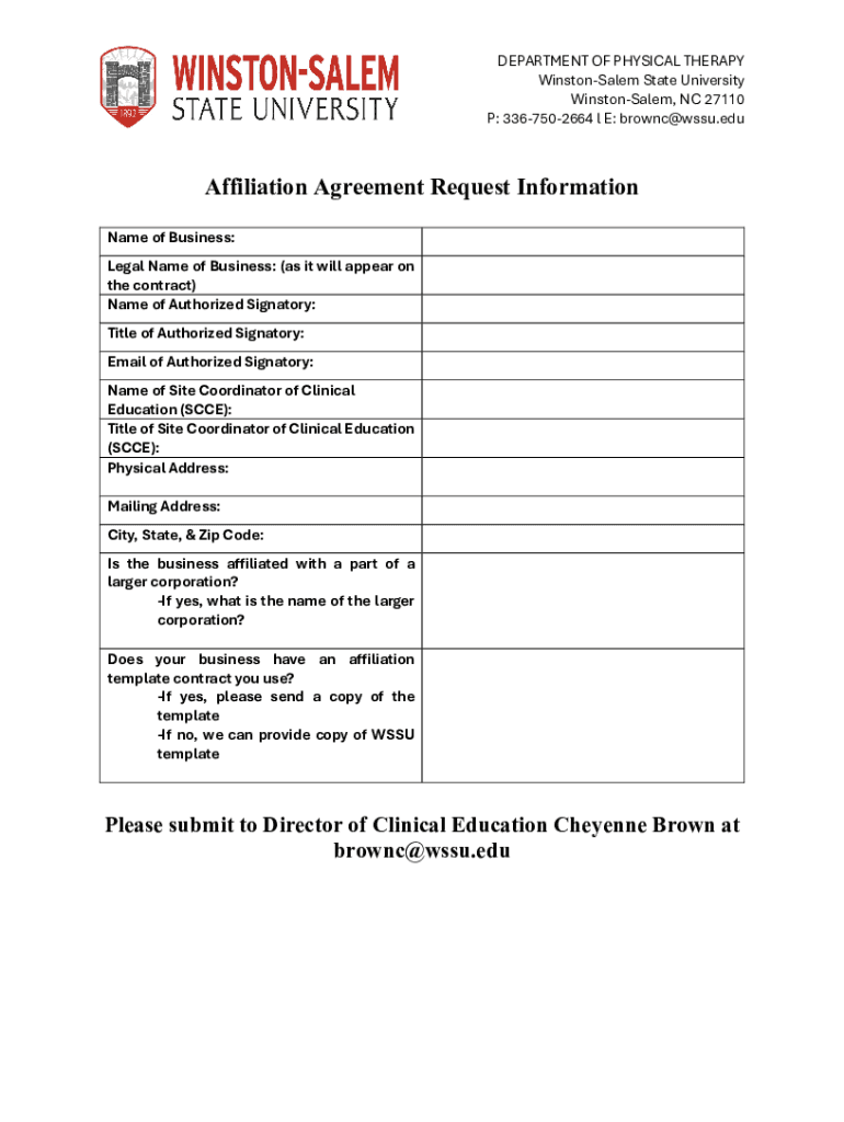 Fillable Online Affiliation Agreement Request Information Form Fax ...