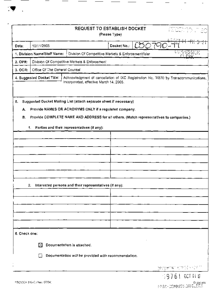 Fillable Online REQUEST TO ESTABLISH DOCKET B. Fax Email Print - pdfFiller
