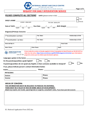Fillable Online REQUEST FOR EARLY INTERVENTION SERVICE Fax Email Print ...