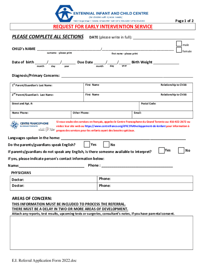 Fillable Online REQUEST FOR EARLY INTERVENTION SERVICE Fax Email Print ...
